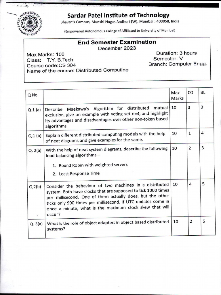 Ese - Ty B Tech - Sem 5 - Computer Engg - Distributed Computing - Dec 2023 | PDF | Distributed ...