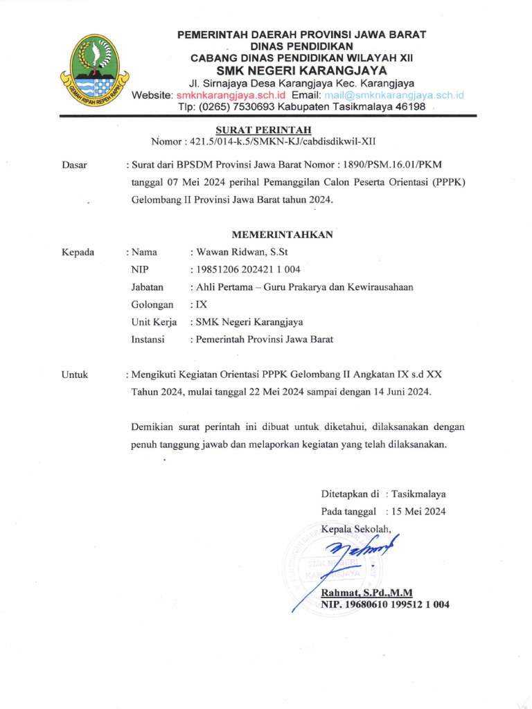 Surat Perintah Orientasi PPPK Wawan | PDF