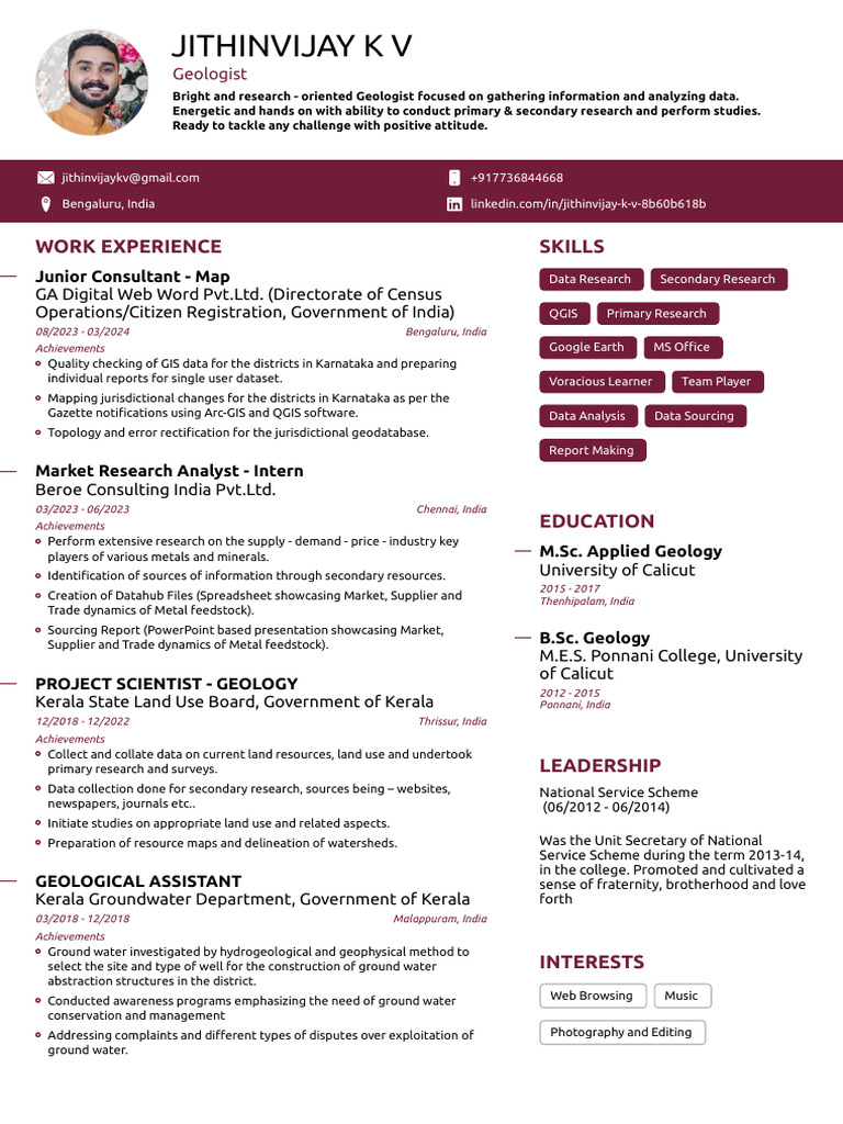 Geologist Jithin Vijay K V's Resume | PDF | Geology | Groundwater