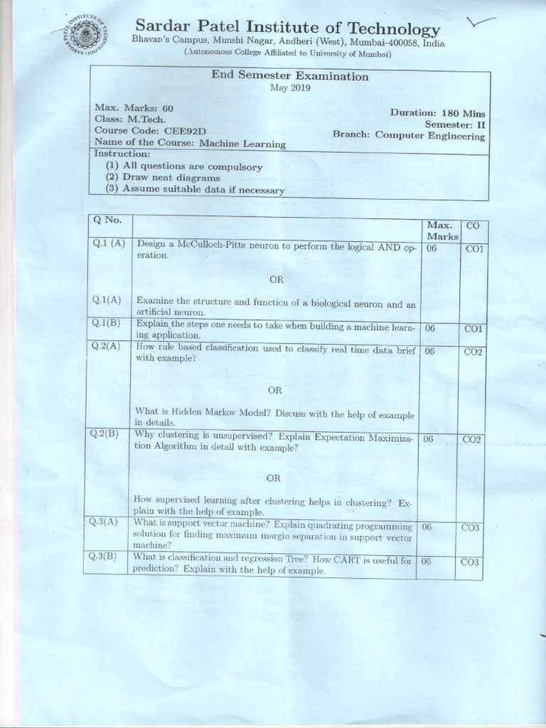 Mse19 Mtech COM Sem2 ML QP | PDF