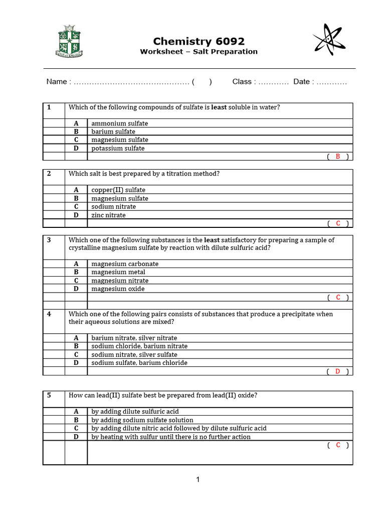 Worksheet - Salt Preparation (Answers) | PDF | Acid | Hydroxide