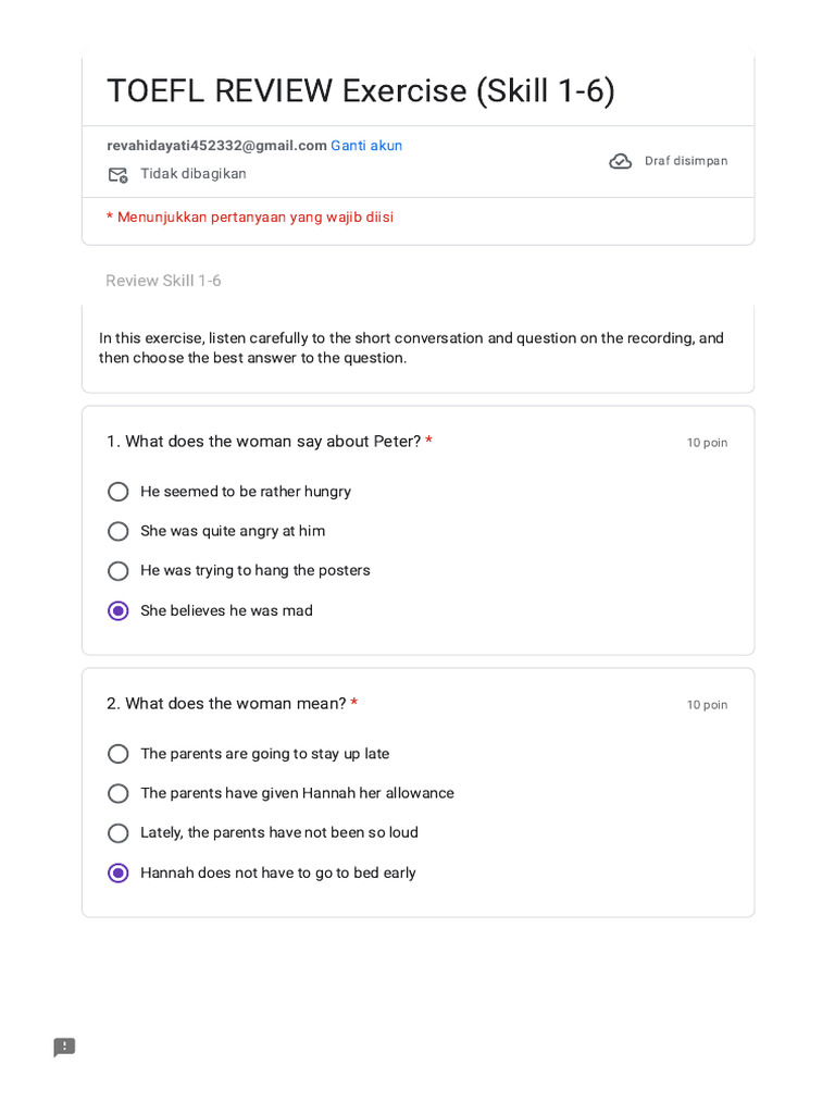 TOEFL REVIEW Exercise (Skill 1-6) | PDF