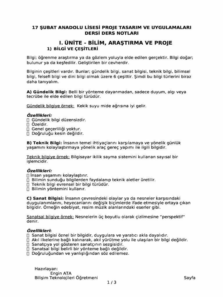 Proje Tasarım Ve Uygulamaları Dersi 1. Ünite Ders Notu | PDF