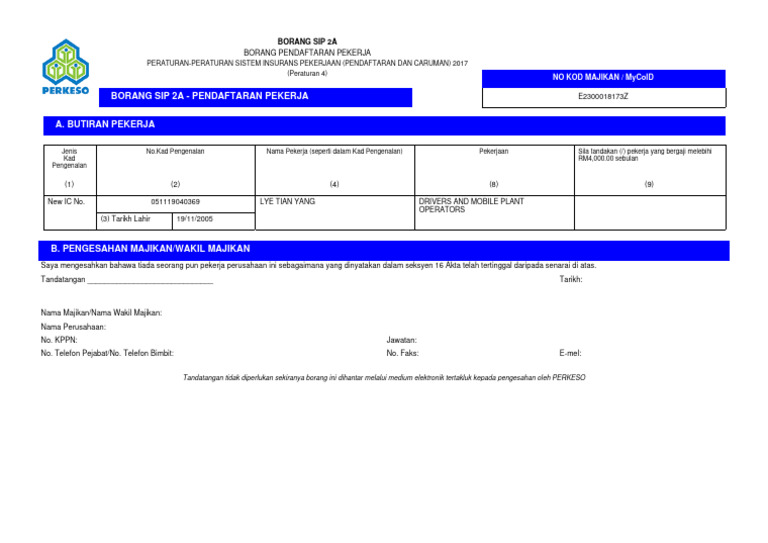 Borang SIP 2A: Pendaftaran Pekerja | PDF