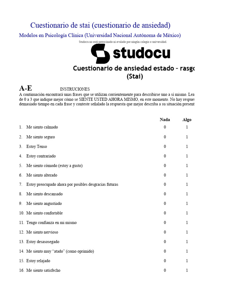 Cuestionario de Stai Cuestionario de Ansiedad | Descargar gratis PDF ...