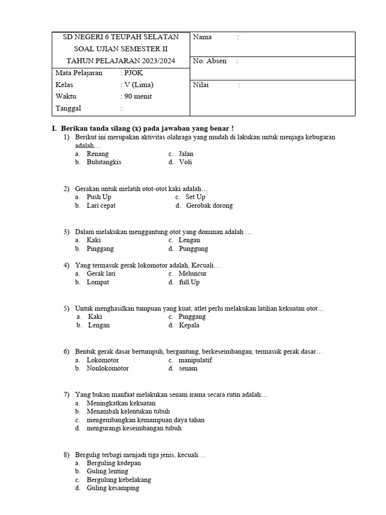 Soal Ujian Pjok Kelas V SMT 2 | PDF