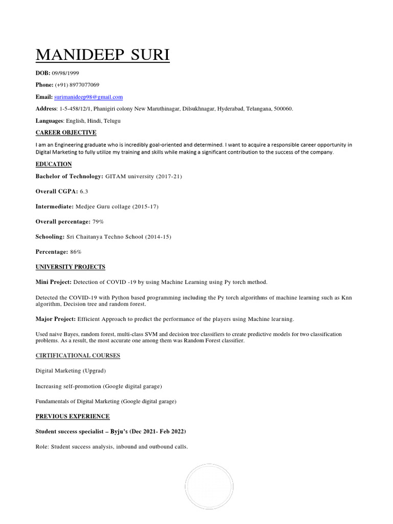 Manideep Suri Resume | PDF