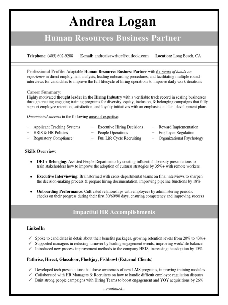 FULL EXAMPLE HR Business Partner Resume 1689117856 | Download Free PDF ...