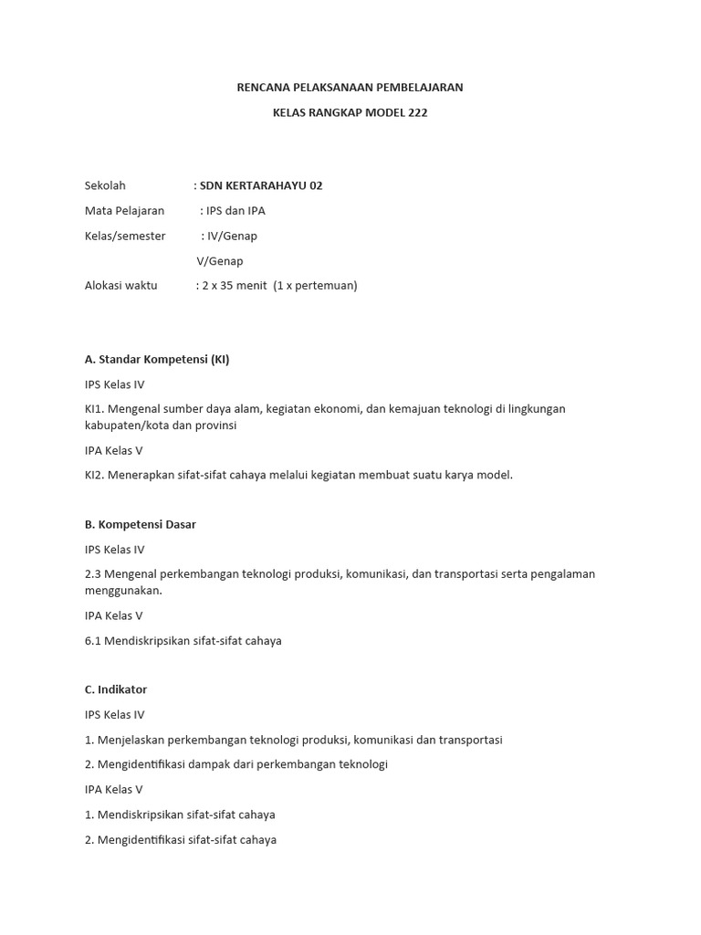 RPP Kelas Rangkap 4 dan 5 Model 222 | PDF | Seni | Sains & Matematika