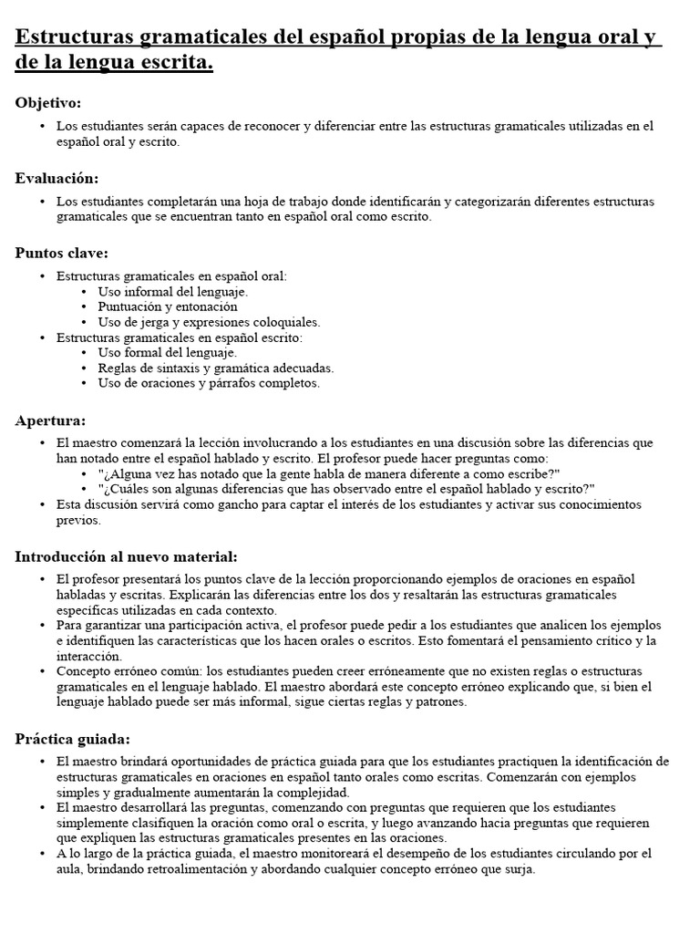 Estructuras gramaticales en español oral y escrito | PDF | Lengua ...