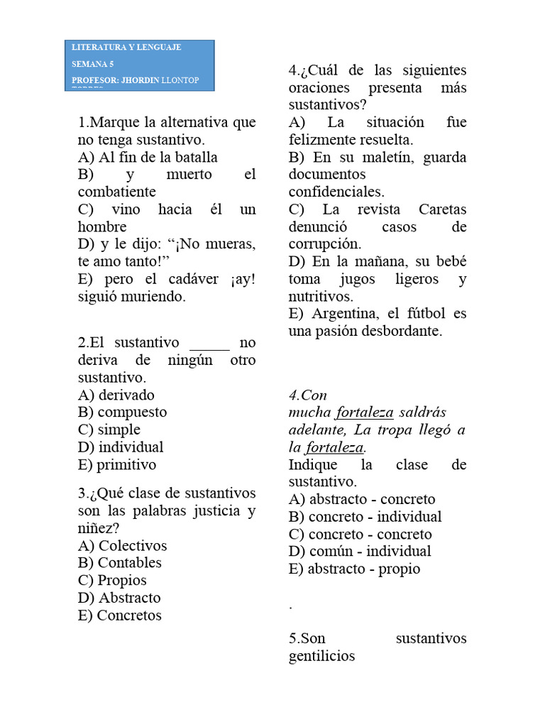 Sustantivo Clases Preguntas | PDF | Sustantivo | Mecánica del lenguaje