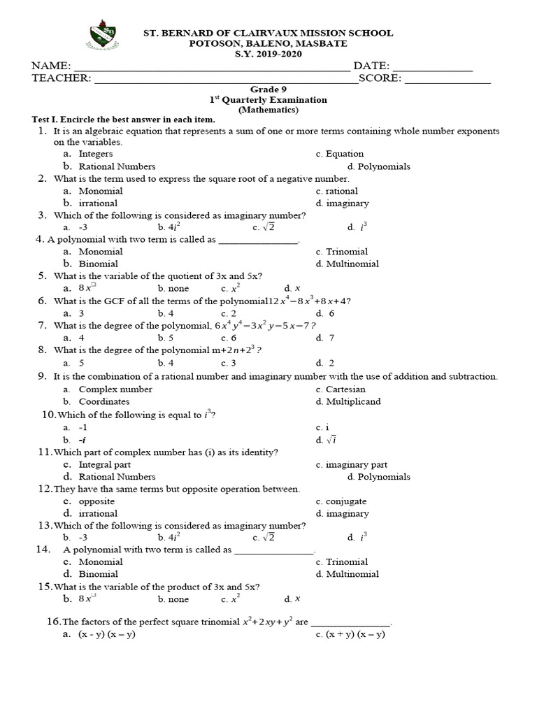 1st Qe Math 9 | PDF | Polynomial | Numbers