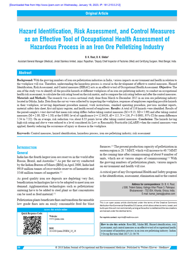 Hazard Identification Risk Assessment and Control Measures As An Effective Tool of Occupational ...