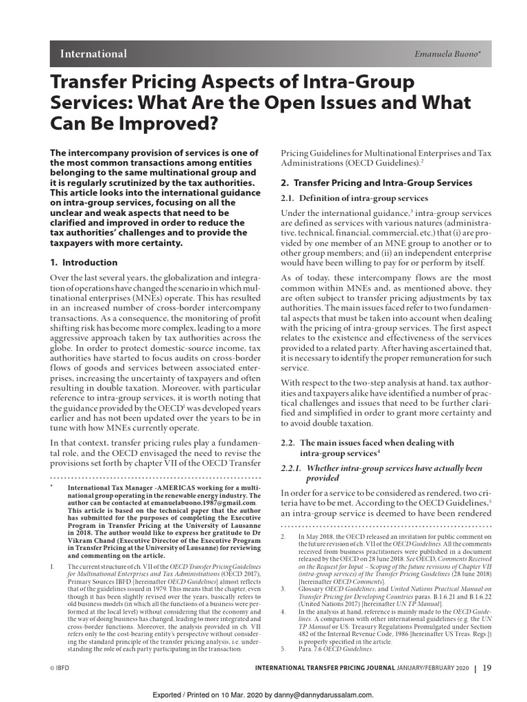 Transfer Pricing Aspects of Intra-Group Services What Are The Open ...
