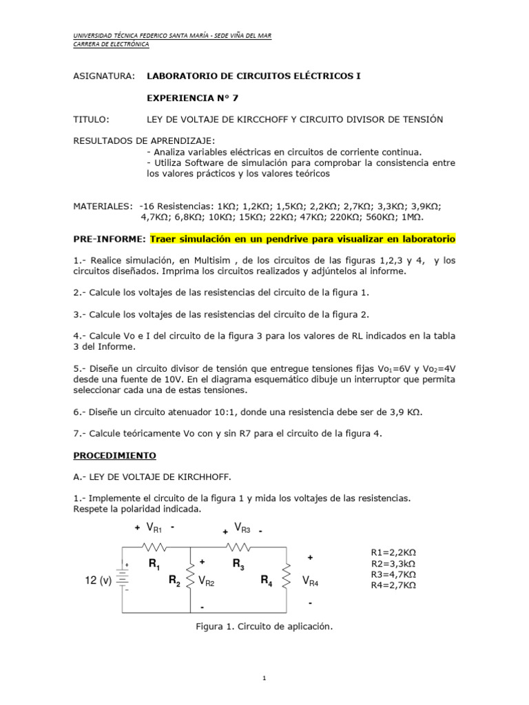 Exp7 LEY DE VOLTAJE DE KIRCCHOFF Y CIRCUITO DIVISOR DE TENSION | PDF ...