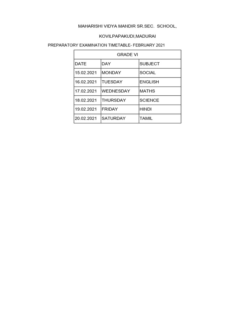 Grade VI Exam Schedule Feb 2021 | PDF