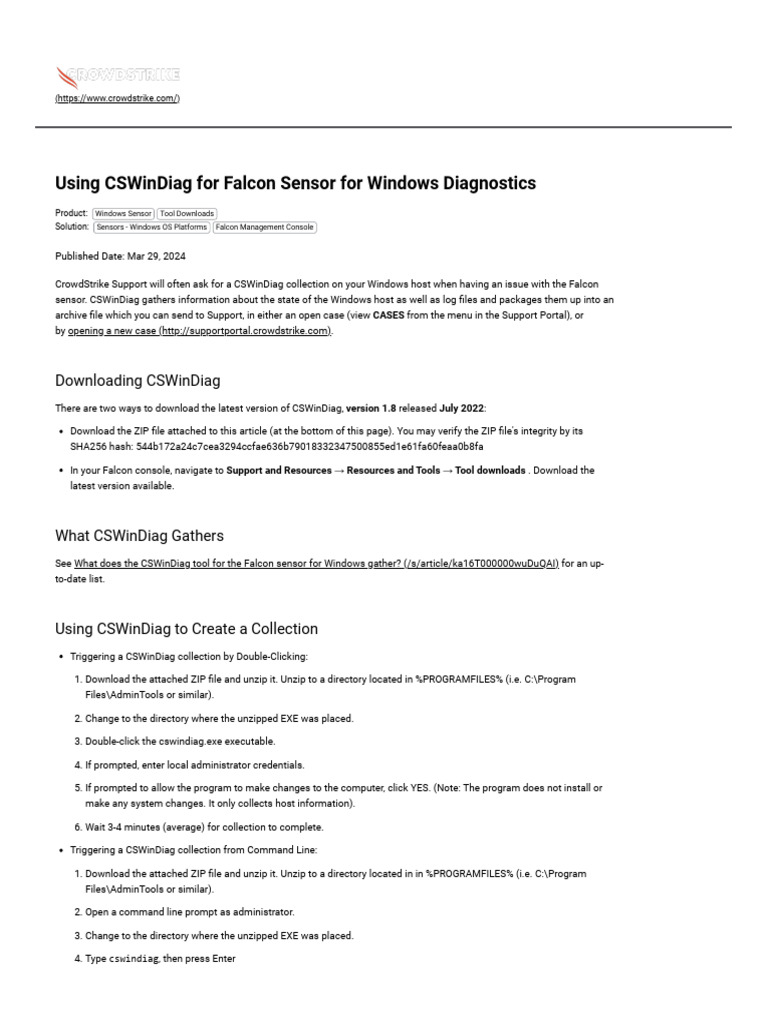 Using CSWinDiag For Falcon Sensor For Windows Diagnostics | PDF | Zip (File Format) | Command ...