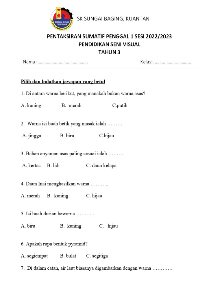Soalan Teori Pendidikan Seni Visual Tahun 3 | PDF