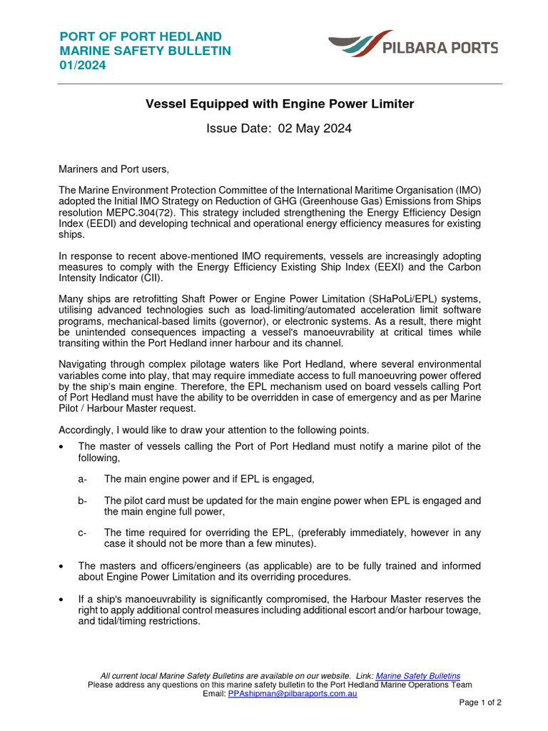 Port Hedland Engine Power Limitation Notice | PDF | Marine Propulsion ...