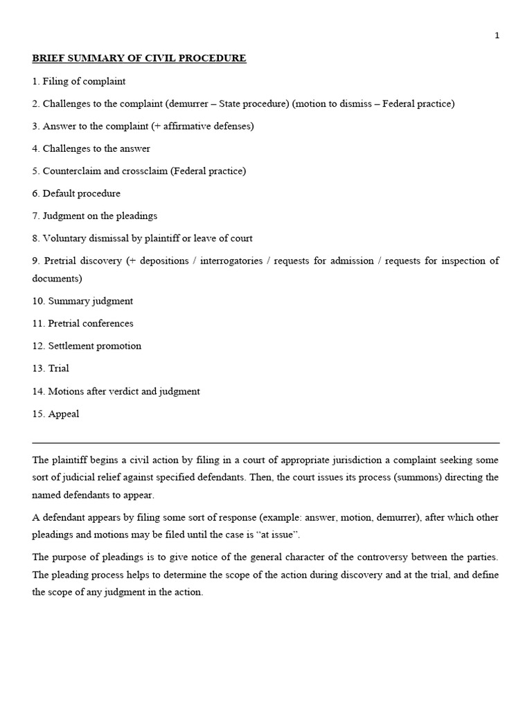 Brief Summary Civil Procedure | PDF | Demurrer | Pleading