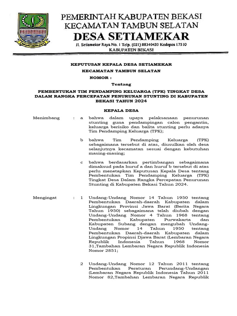 SK Kader TPK Dari Kepala Desa Tahun 2024 Setiamekar Salinan | PDF