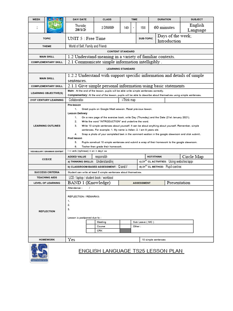Week 2 - Unit 5 Free Time | PDF | Lesson Plan | Learning