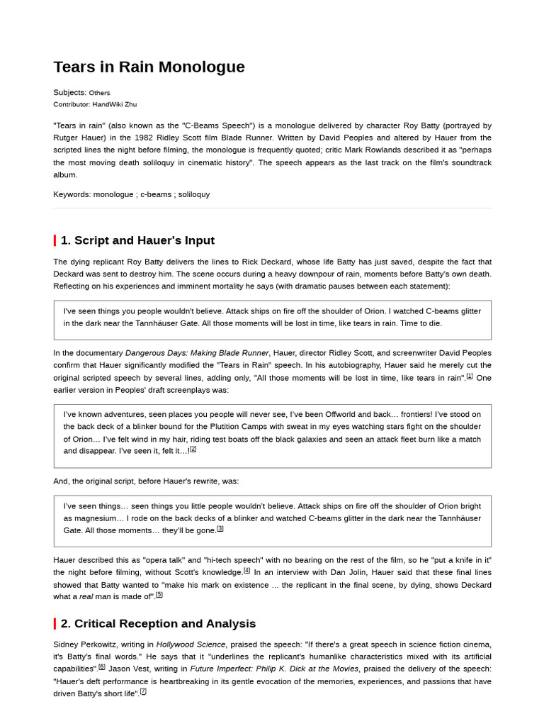 Roy Batty's Tears in Rain Monologue | PDF | Young Adult