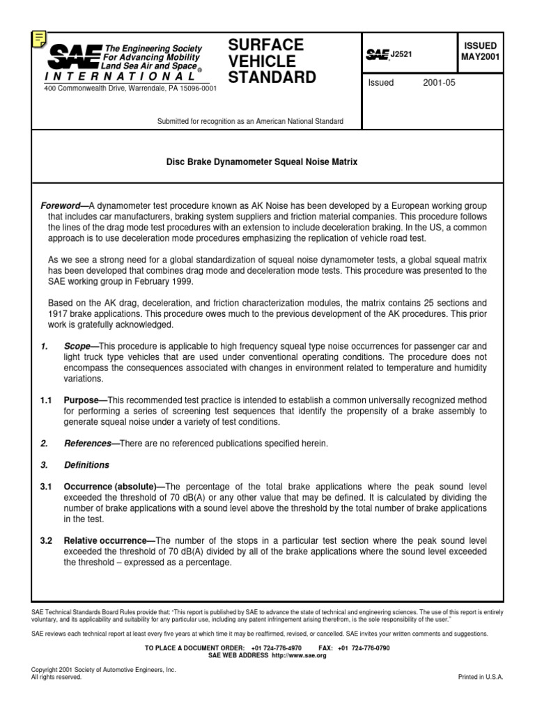 SAE J2521 Disc Brake Dynamometer Squeal Noise Matrix | Download Free PDF | Horsepower | Brake