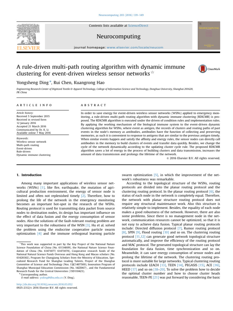 1 s2.0 S0925231216302673 Main | PDF | Wireless Sensor Network | Routing
