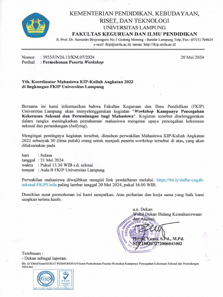 Surat Permohonan Peserta Workshop Kampanye Pencegahan Kekerasan Seksual Dan Perundungan 2024 | PDF