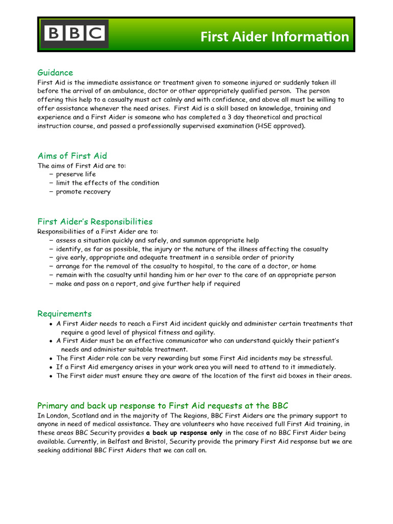 First Aider Information Document | PDF | First Aid | Medical Specialties