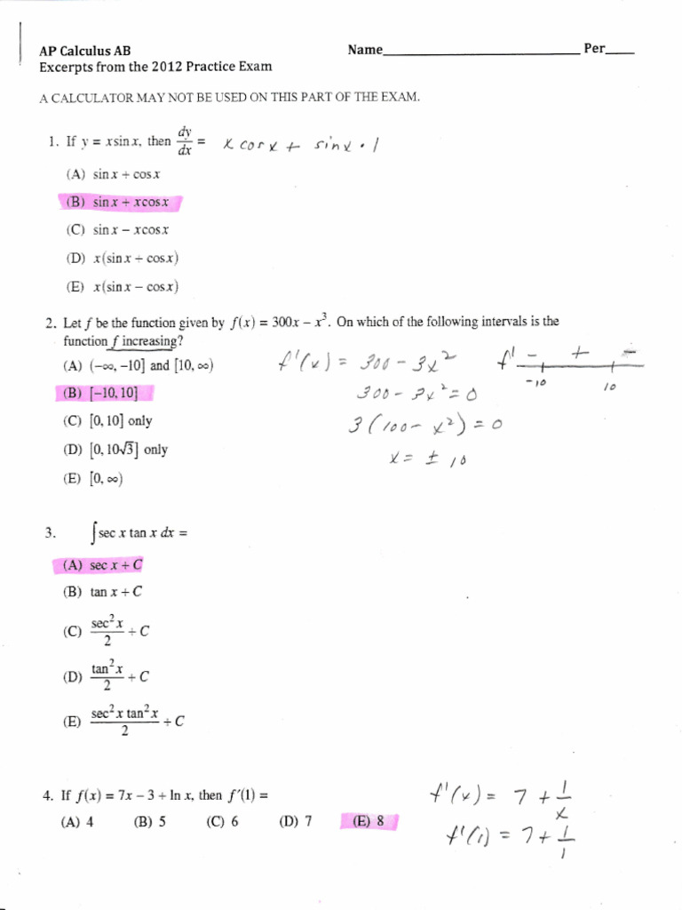 2012 Practice Exam No Calc KEY | PDF