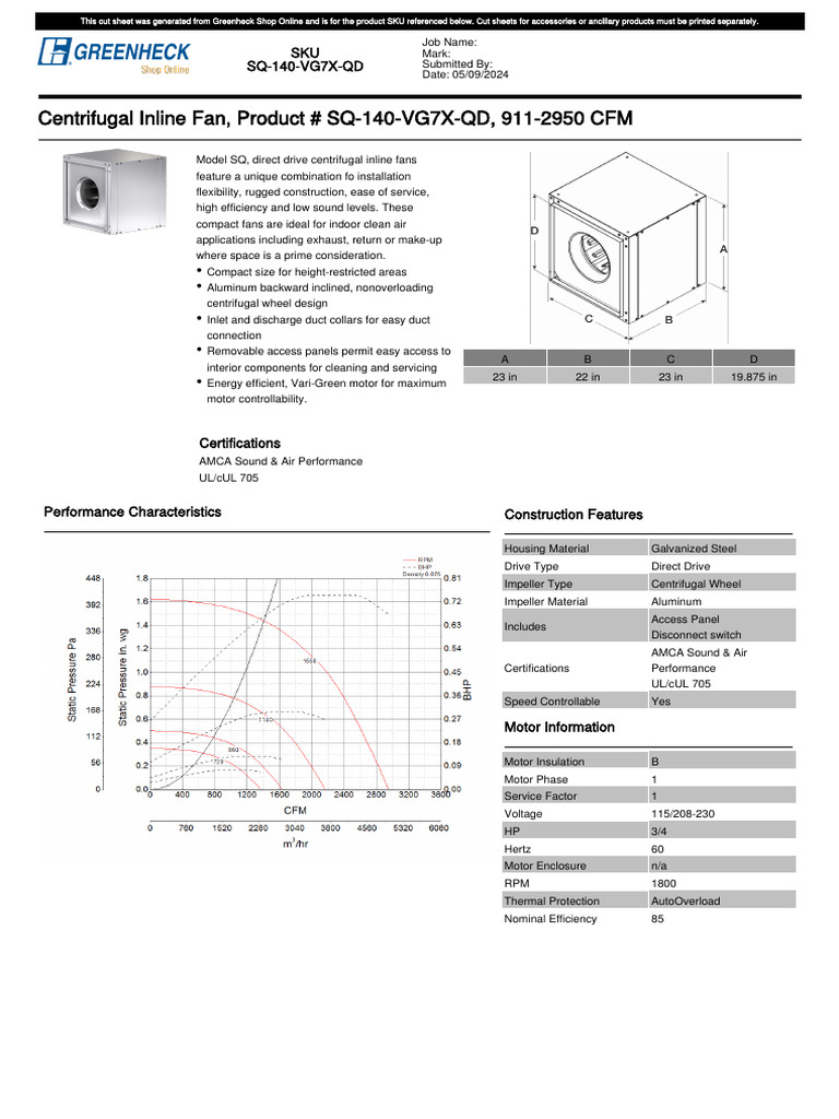 Greenheck SQ-140-VG Cut Sheet | PDF | Electric Motor | Duct (Flow)