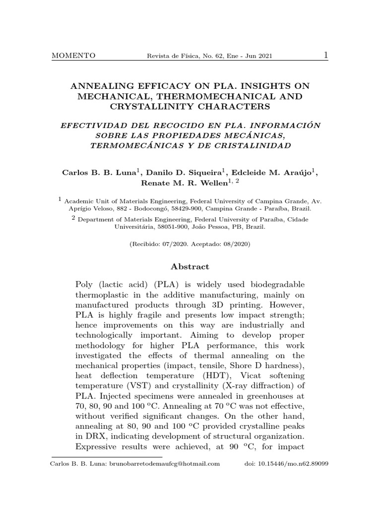 Annealing Efficacy On PLA Insights On Mechanical T | PDF | Strength Of ...