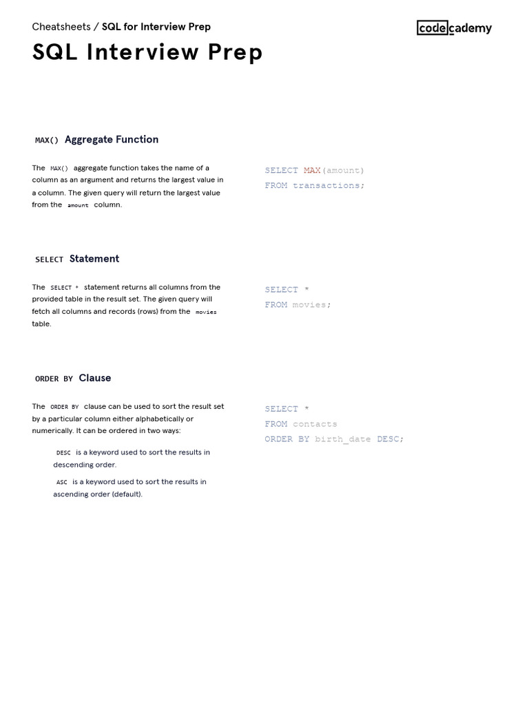 Sql For Interview Prep Sql Interview Prep Cheatsheet Codecademy Pdf Relational Database 0115