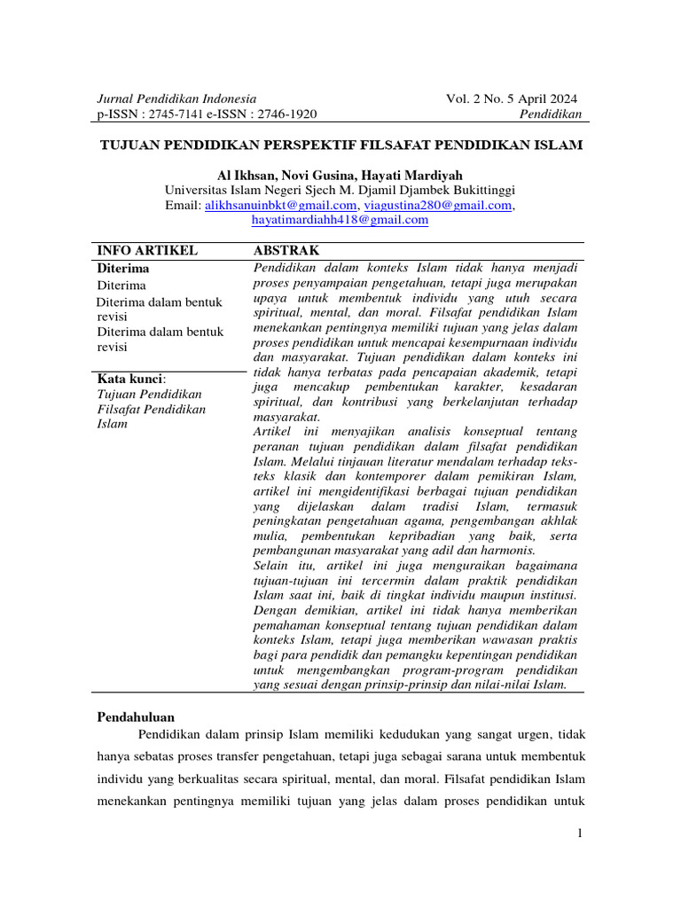 Jurnal Tujuan Pendidikan Perspektif Filsafat Pendidikan Islam | PDF