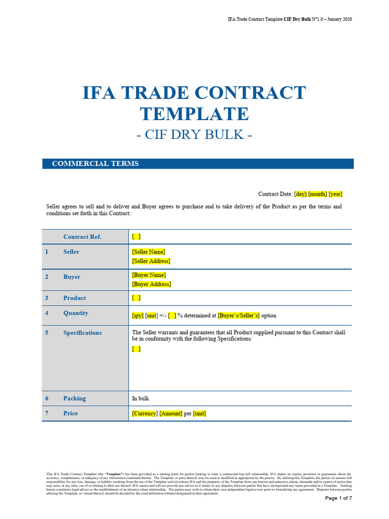 CIF Dry Bulk Trade Contract Template | PDF | Letter Of Credit | Arbitration