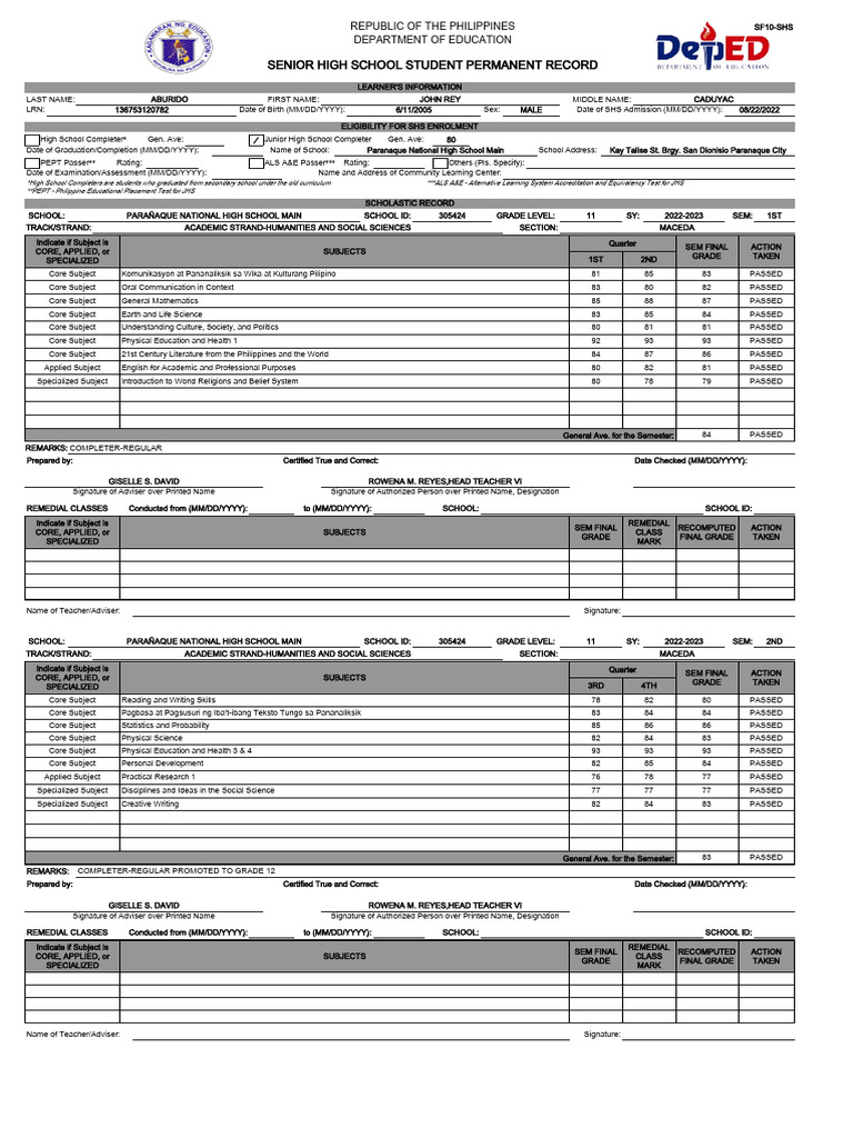 SF10 - Grade 12 - HUMSS Husserl - Aburido, John Rey C | Download Free ...