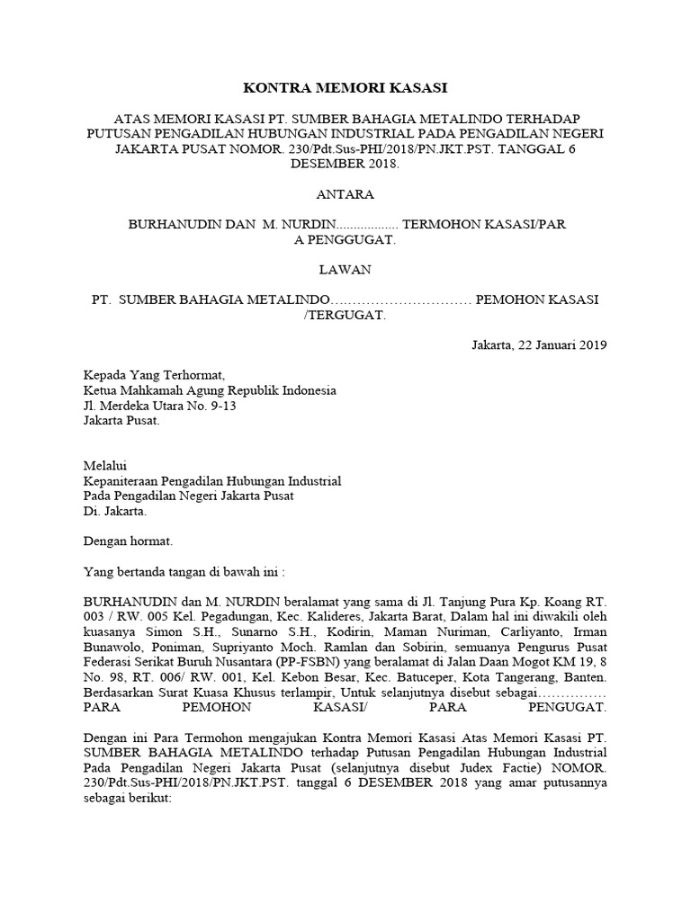 Kontra Memori Kasasi PT Sumber Bahagia | PDF | Ilmu Sosial | Hukum