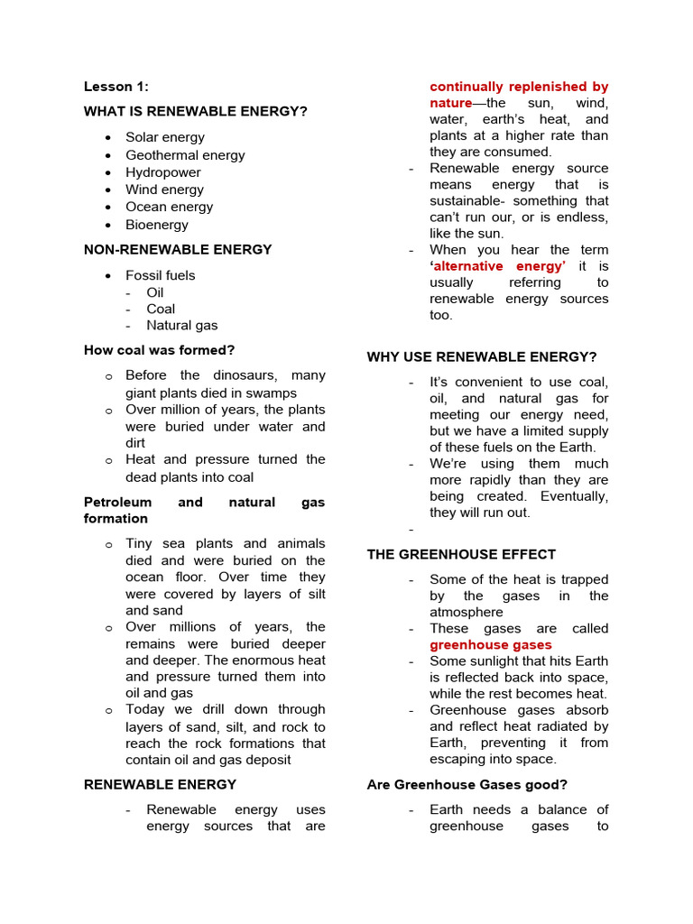 LESSON 1 WHAT IS RENEWABLE ENERGY | PDF | Greenhouse Effect | Renewable ...