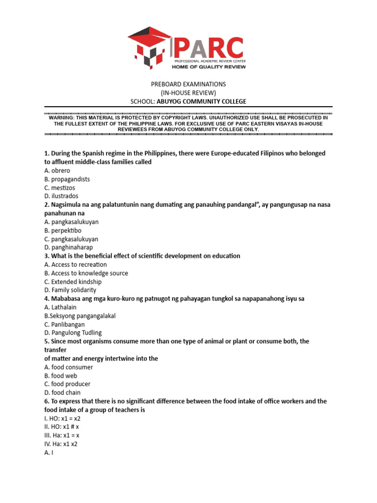 PREBOARD EXAMINATIONS Abuyog Community College QUESTIONNAIRE | PDF | Teachers | Learning