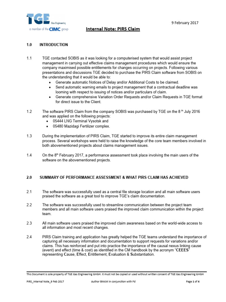 PIRS Claim Software Assessment Report | PDF | Software | Computing