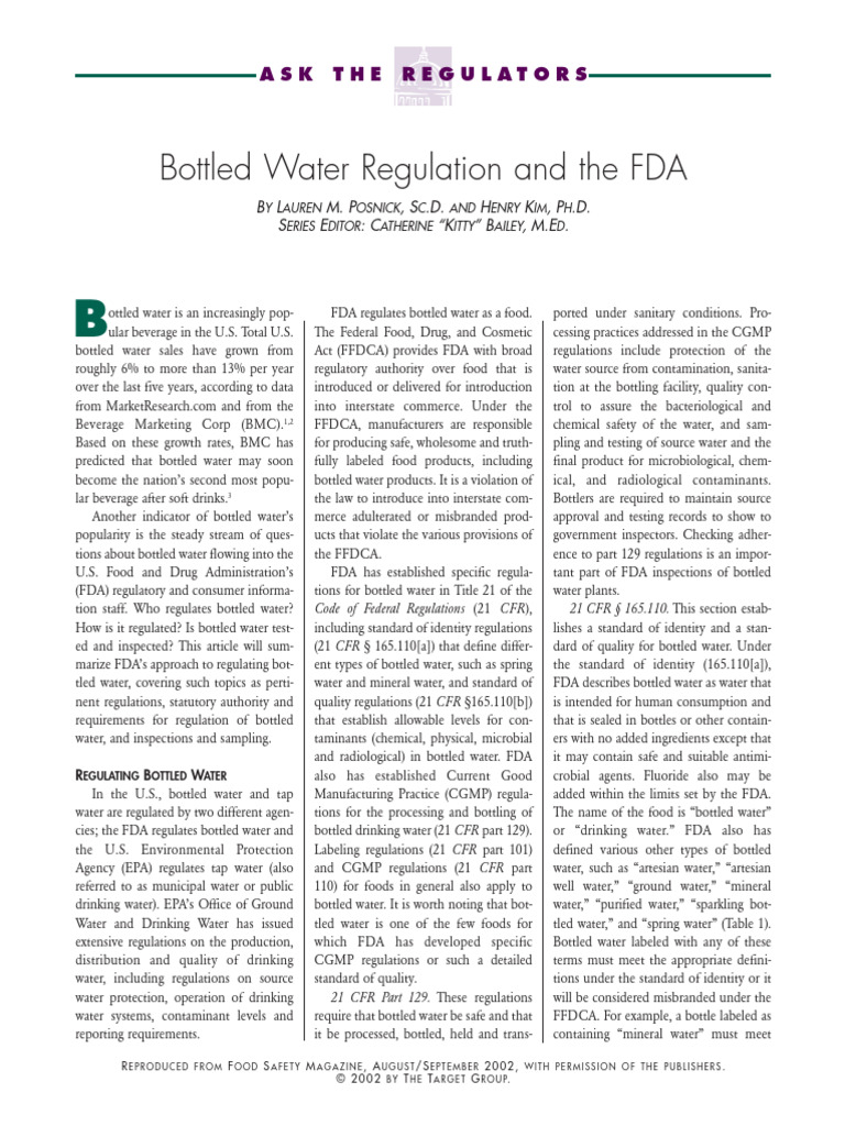 Bottled Water Regulation and The FDA | PDF | Bottled Water | Food And ...
