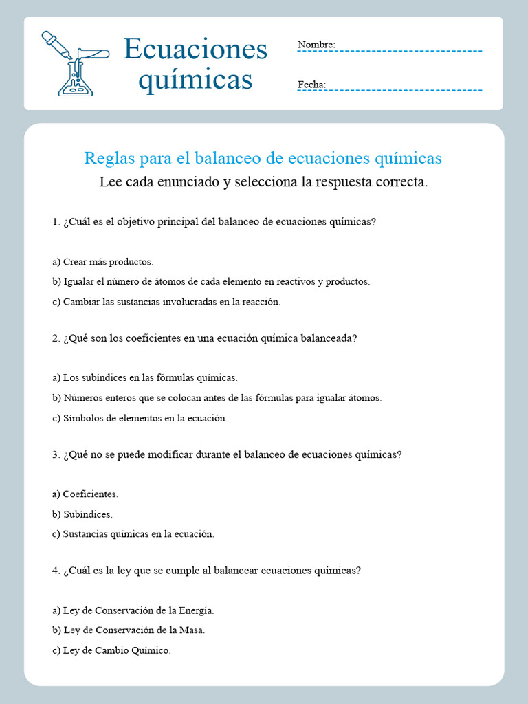 Hoja de Trabajo Reglas Del Balanceo de Ecuaciones Químicas Minimalista ...
