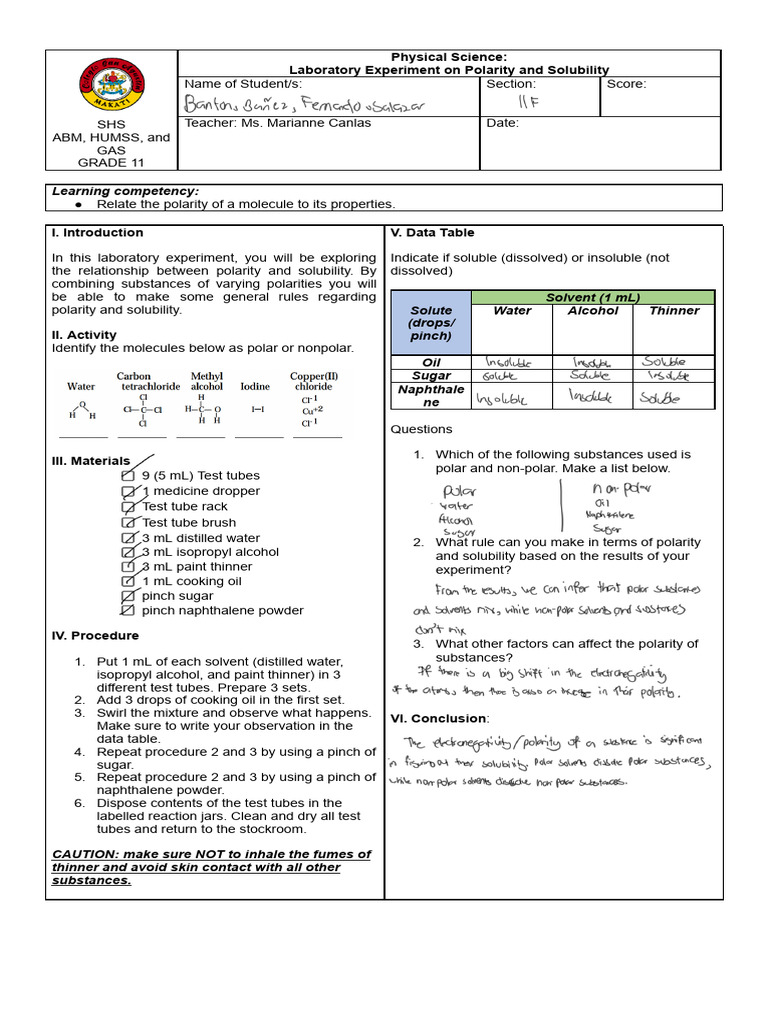 Experiment Polarity - Docx 2 | PDF | Solubility | Solvent