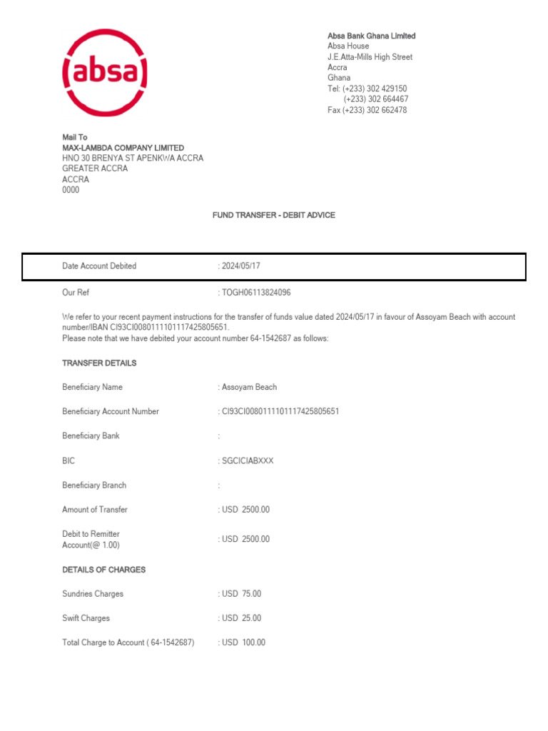 Fund Transfer Debit Advice Notice | PDF | Service Industries | Money