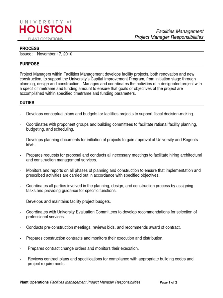 FM Project Manager Responsibilities | PDF | Construction Management ...
