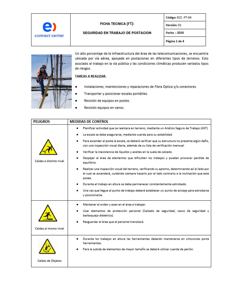 Ecc-Ft-04 Ficha Tecnica Trabajo Seguro en Postación | PDF | Ingenieria ...