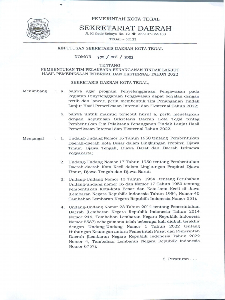 SK Tim TLHP Internal Dan Eksternal Inspektorat - 2022 | PDF