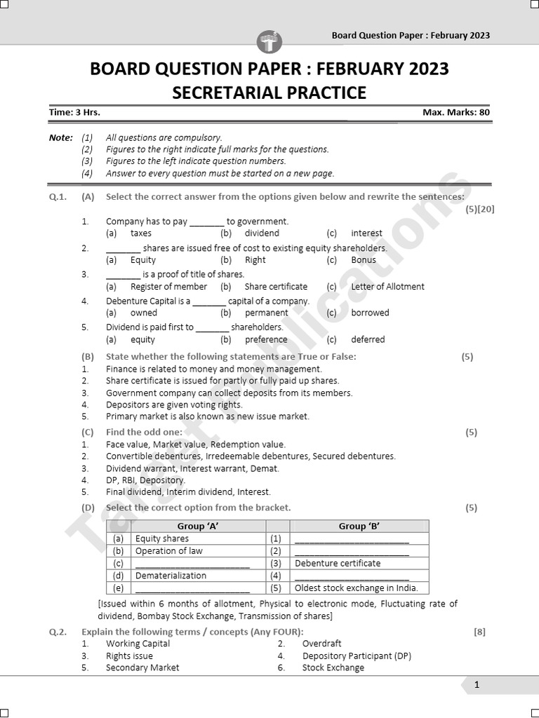 Target Publications: Board Question Paper: February 2023 Secretarial ...